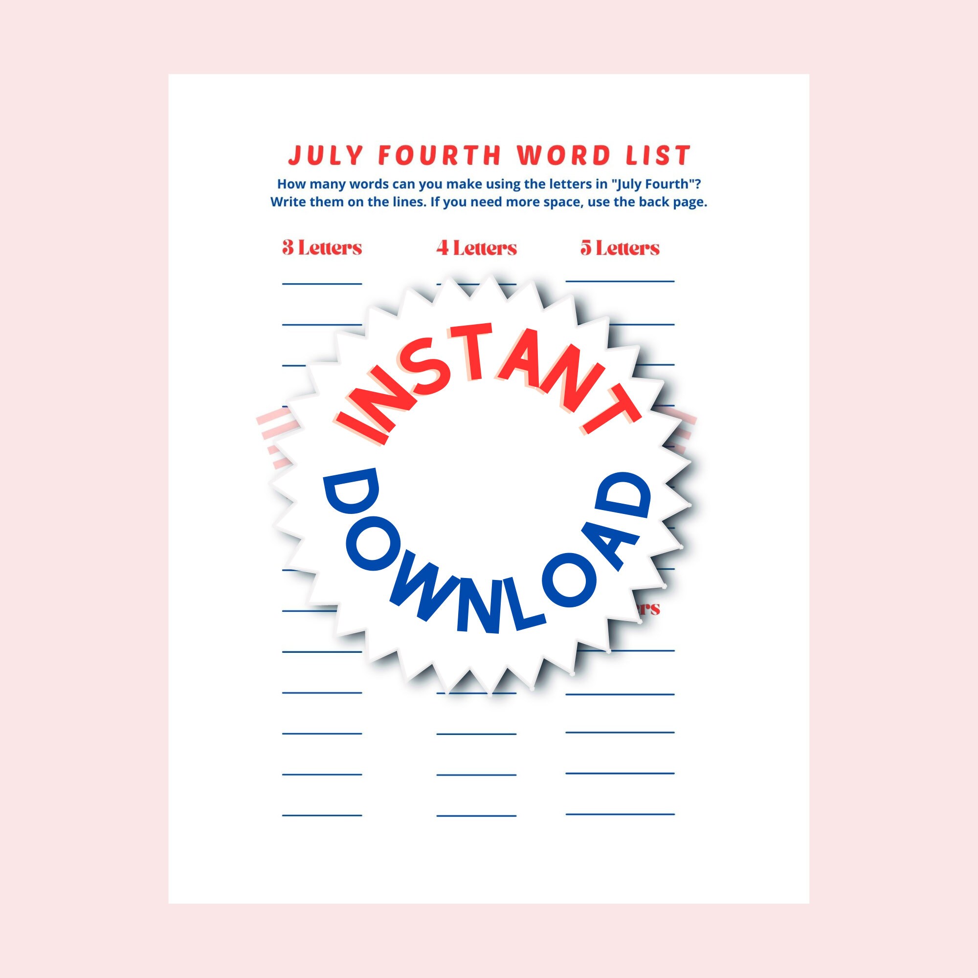 July Fourth Word List Printable, Instant Download Print at Home Digital ...