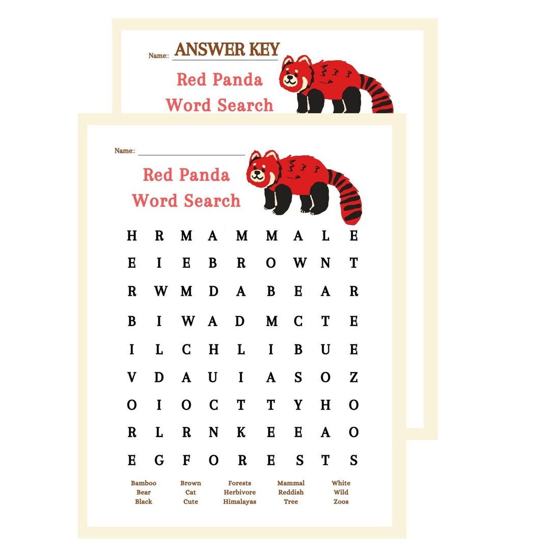 Red Panda Printable Word Search and Answer Key Instant Download ...