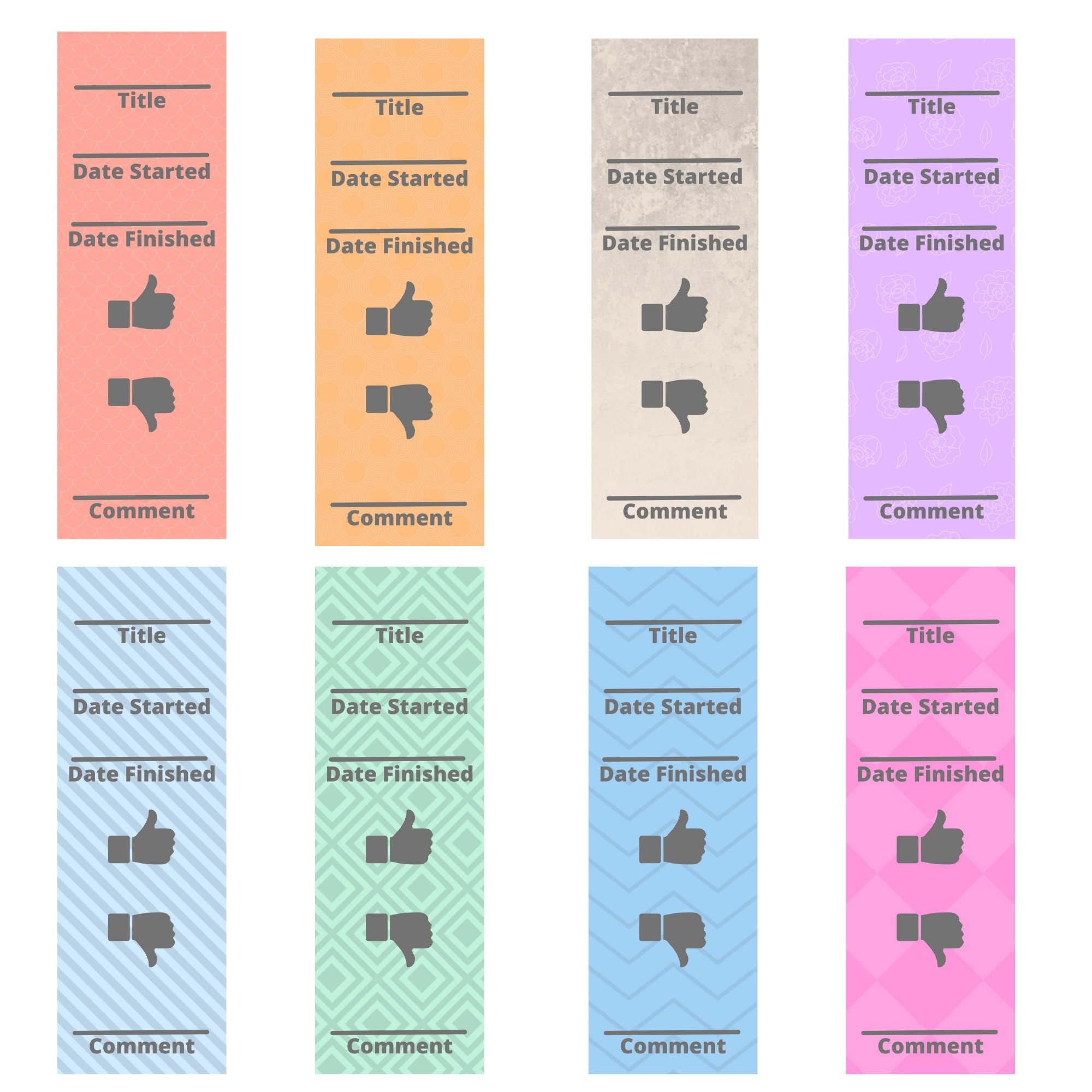 Write-on Book Review Bookmarks Printable, Set of 8, Assorted Pattern ...