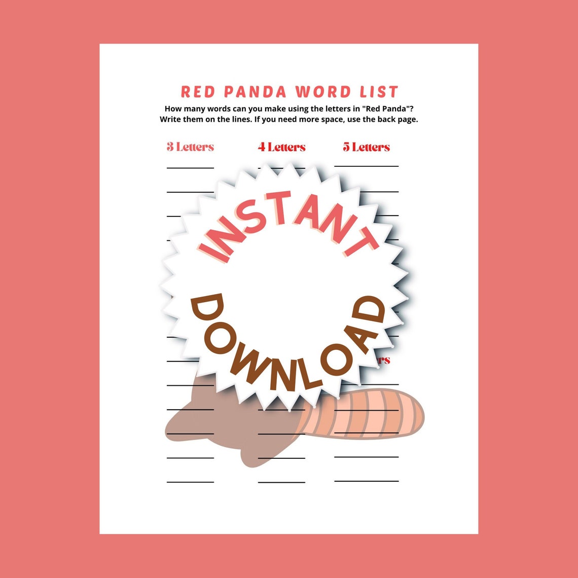 Red Panda Word List Printable, Instant Download Print at Home Digital ...