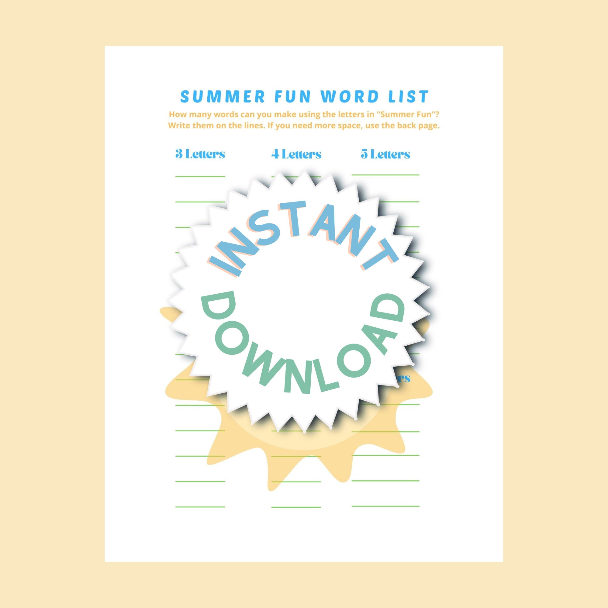 Summer Fun Word List Printable, Instant Download Print at Home Digital ...