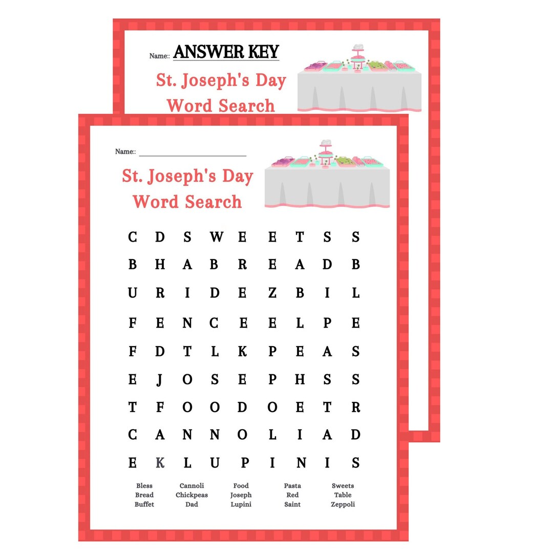 St. Joseph's Day Printable Word Search Puzzle + Answer Key, Instant ...