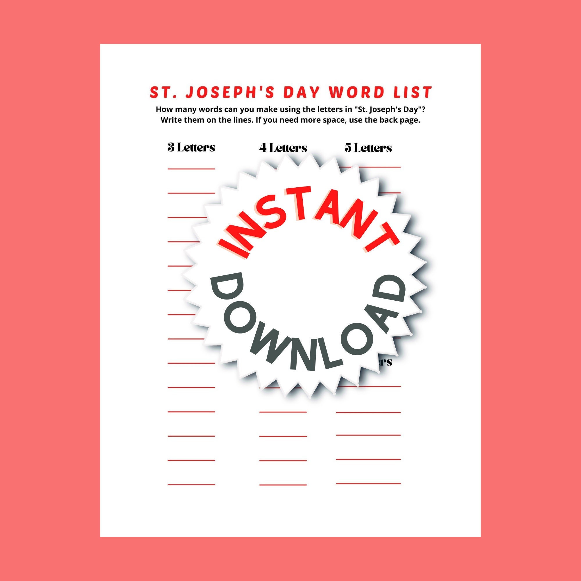 St. Joseph's Day Word List Printable | Instant Download | Printable ...