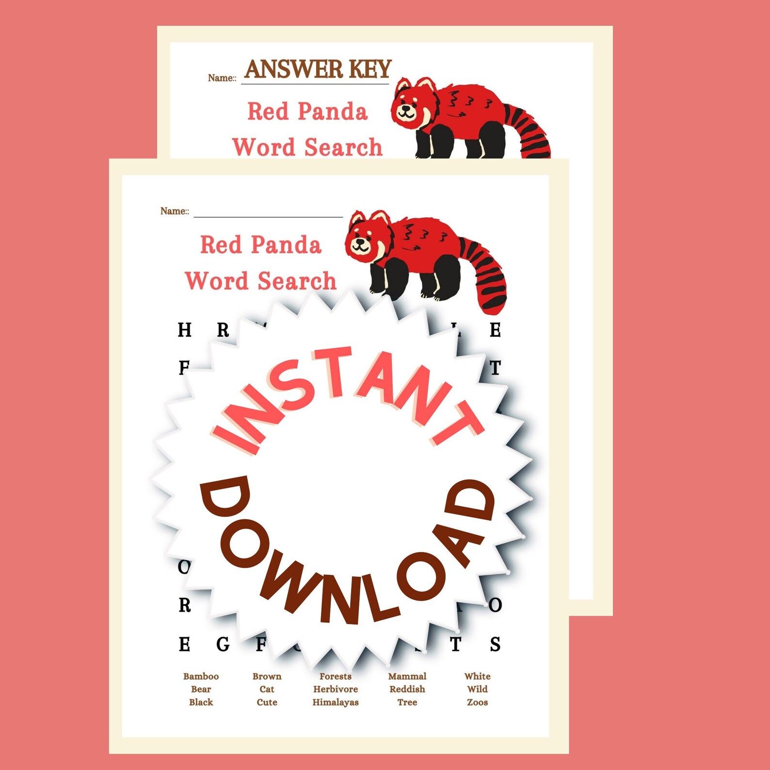 Red Panda Printable Word Search and Answer Key | Instant Download ...