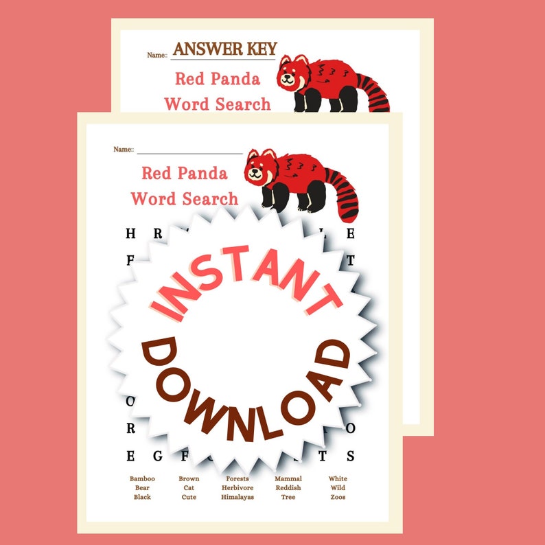 Red Panda Printable Word Search and Answer Key | Instant Download ...