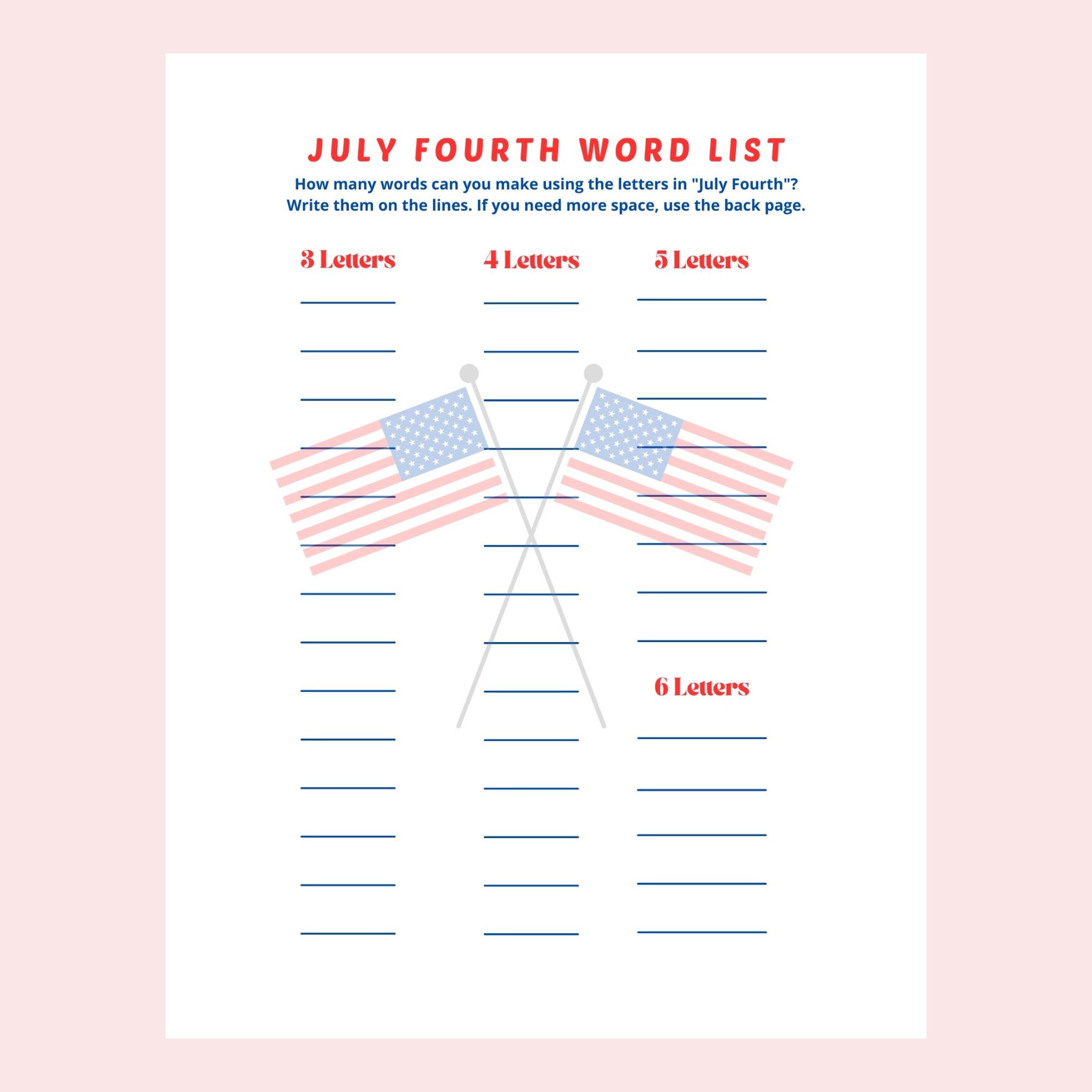 July Fourth Word List Printable, Instant Download Print at Home Digital ...