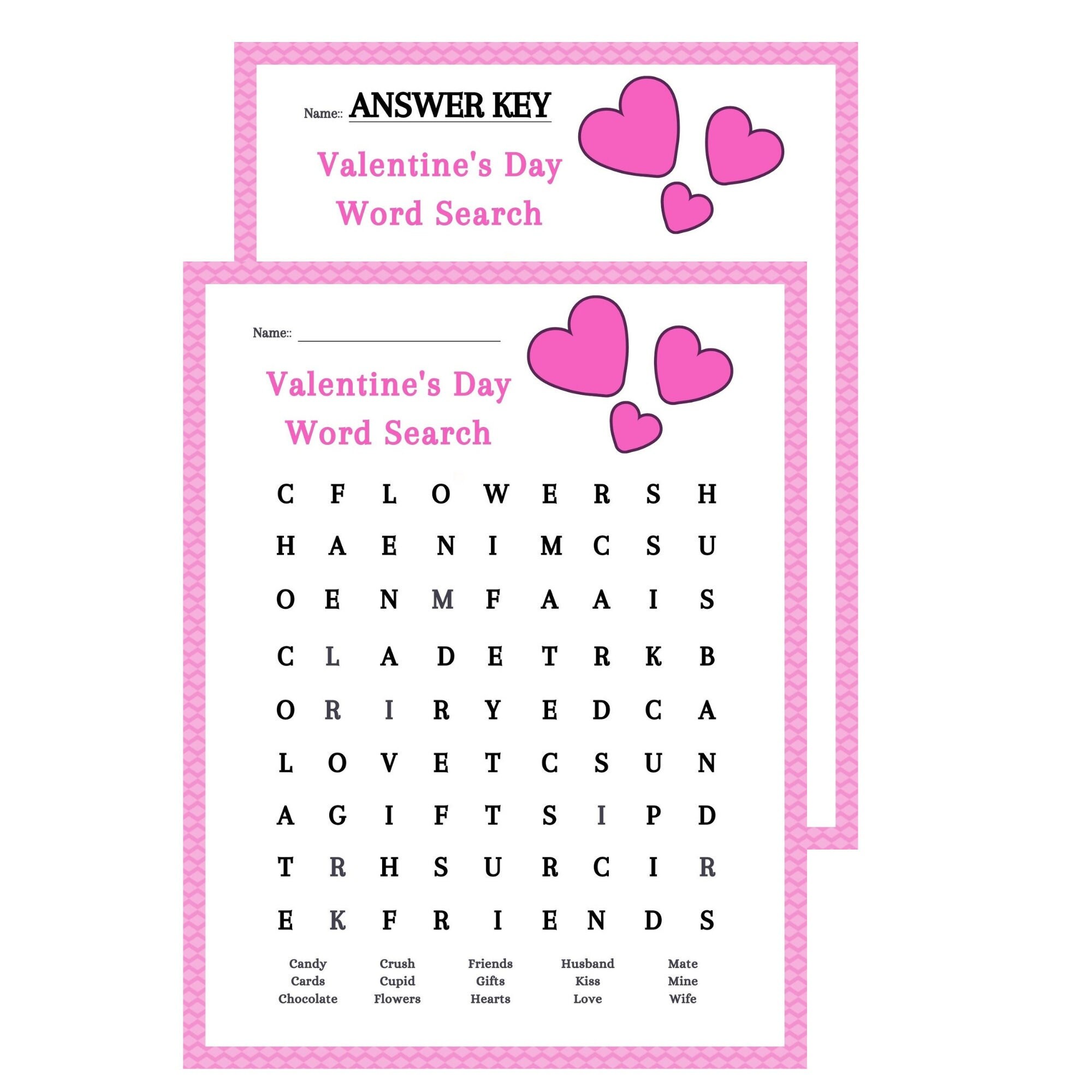 Valentine's Day Printable Word Search Puzzle Answer Key, Instant ...
