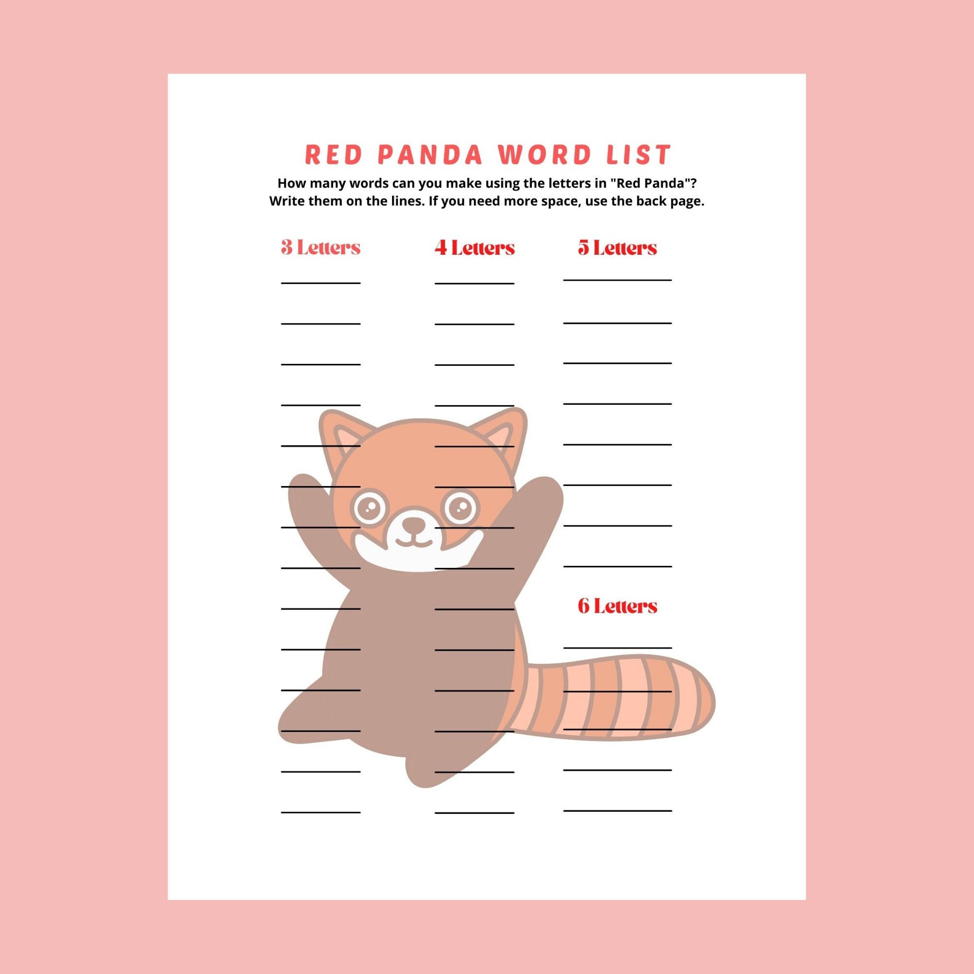 Red Panda Word List Printable, Instant Download Print at Home Digital ...
