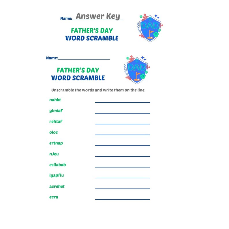 Father's Day Printable Word Scramble and Answer Key - Etsy
