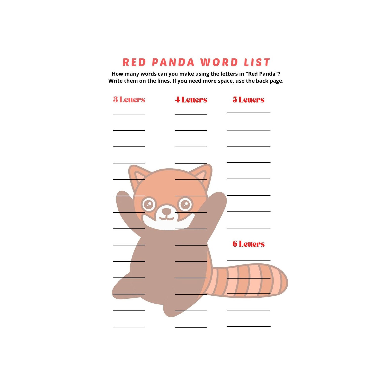 Red Panda Word List Printable, Instant Download Print at Home Digital ...