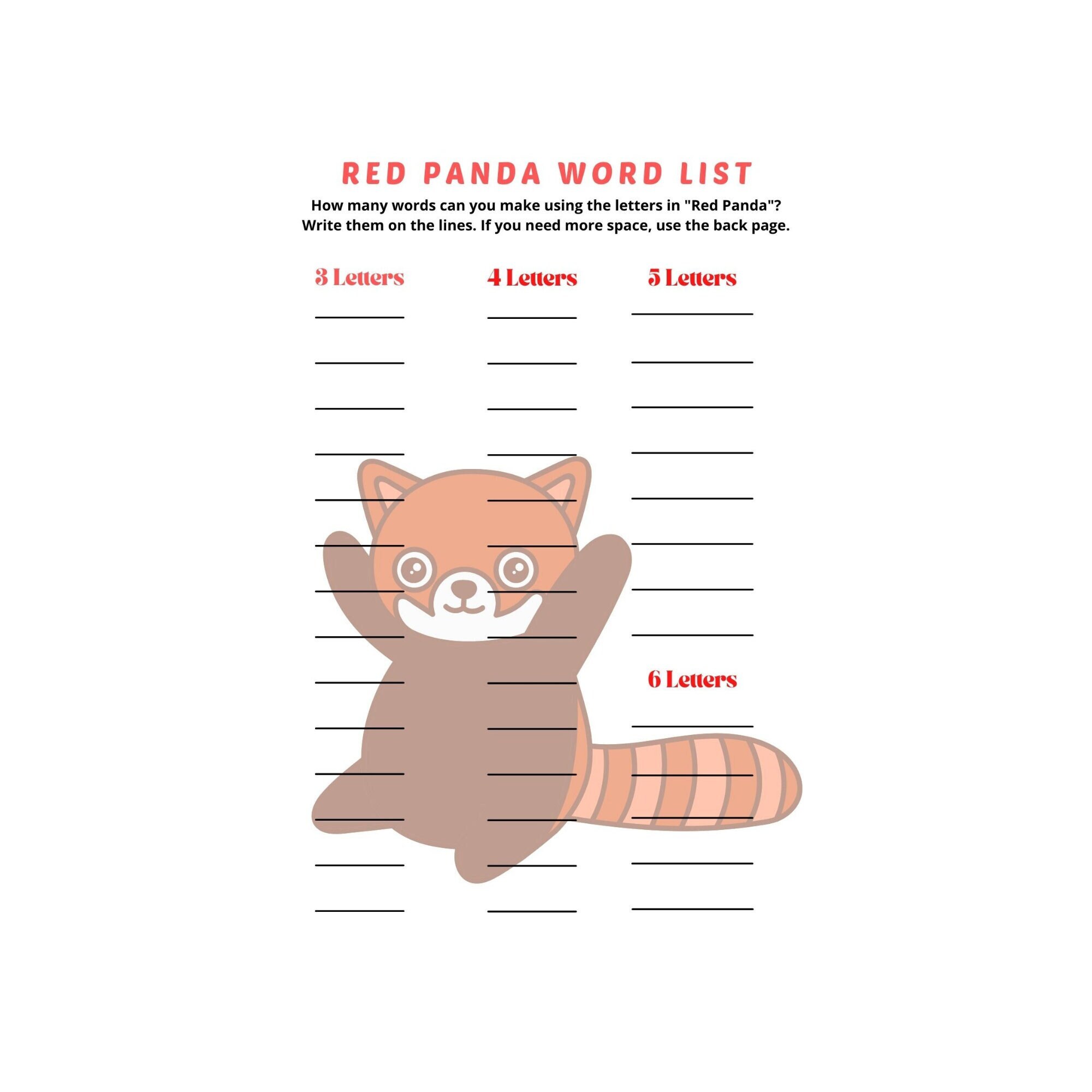 Red Panda Word List Printable, Instant Download Print at Home Digital ...
