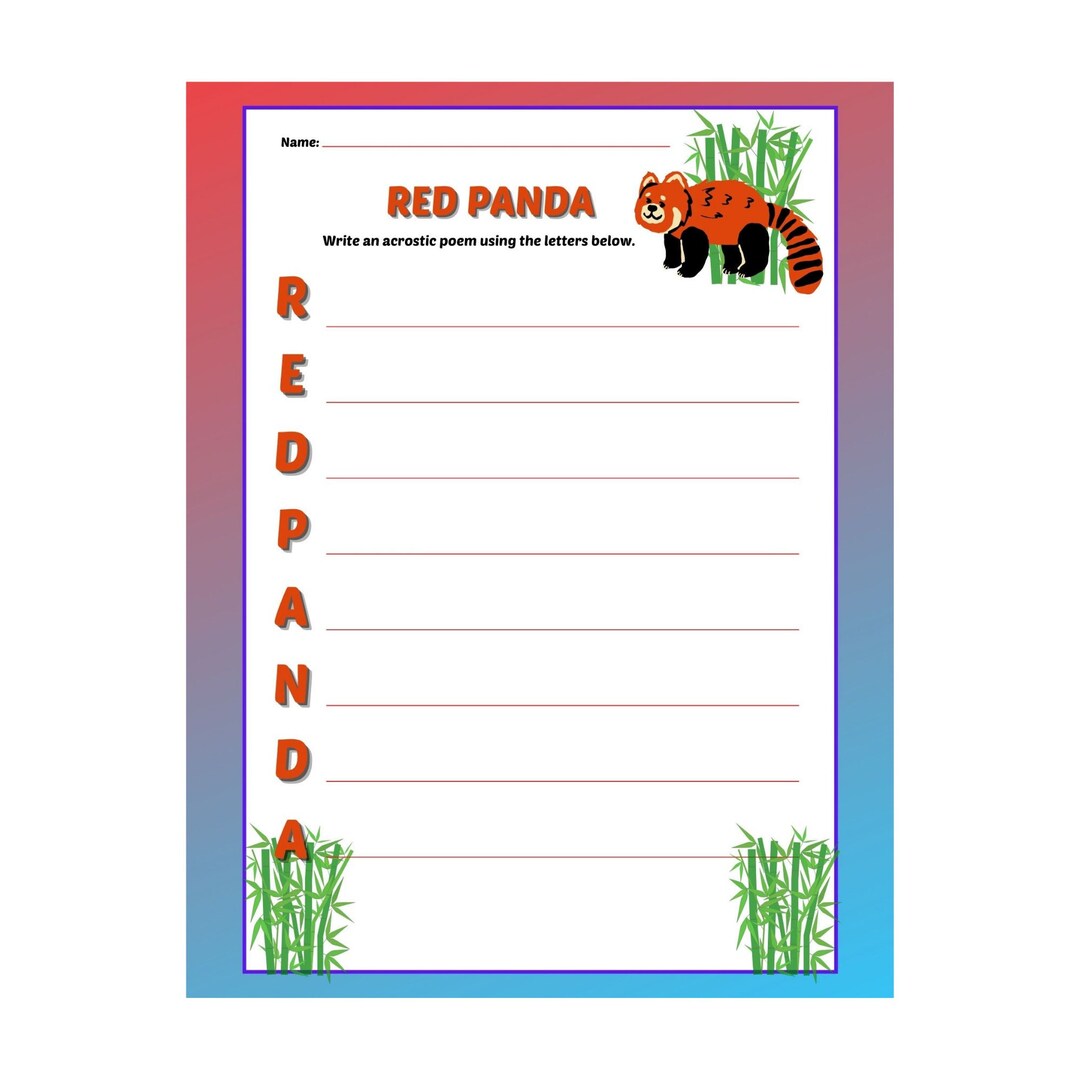 Red Panda Printable Acrostic Poem, Instant Download Print at Home ...