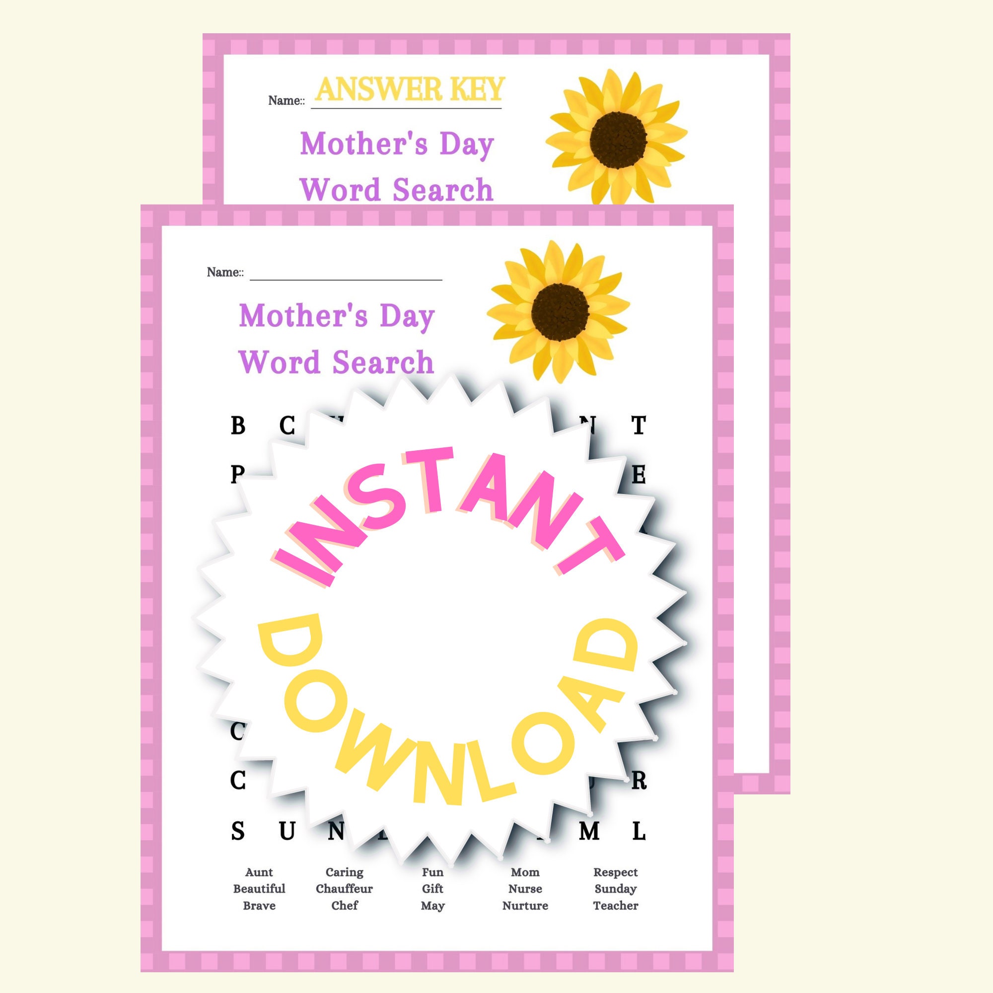 Mother's Day Printable Word Search Puzzle and Answer Key, Instant ...