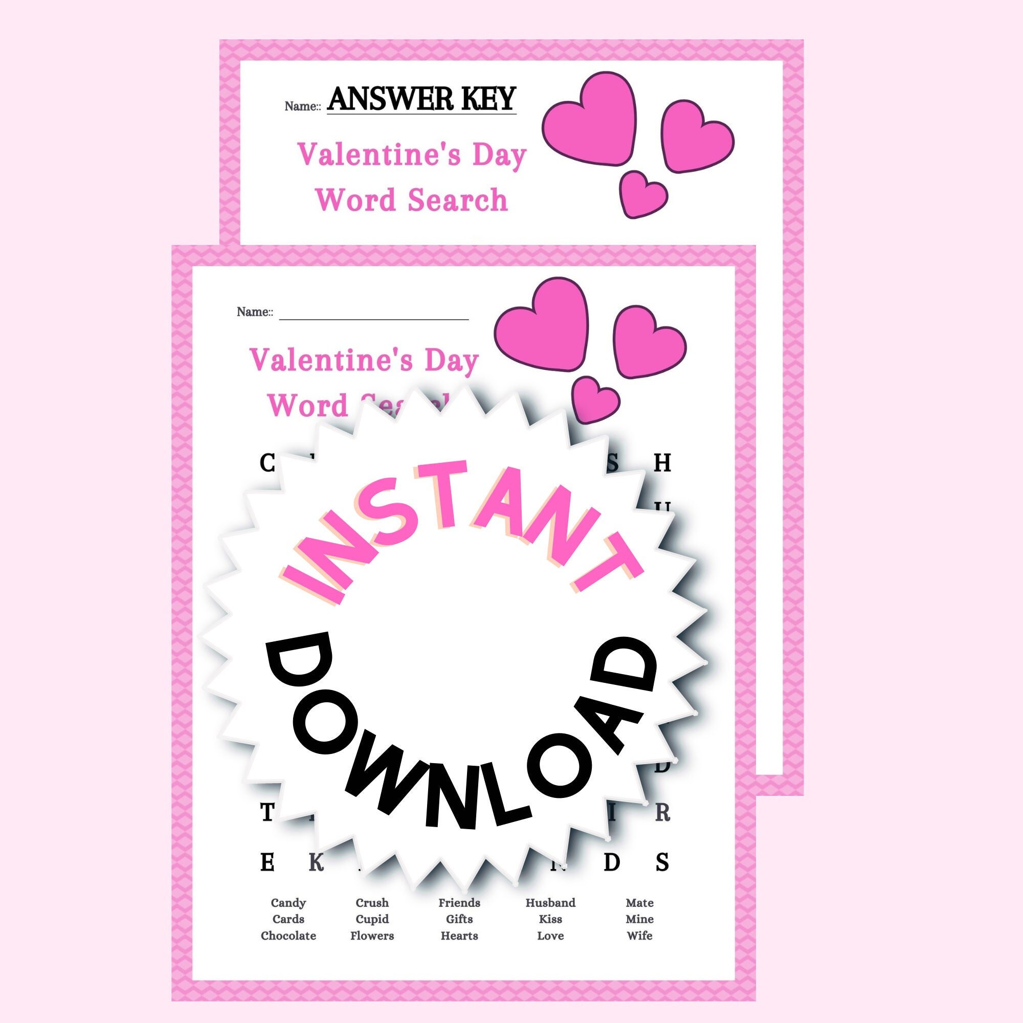 Valentine's Day Printable Word Search Puzzle Answer Key, Instant ...