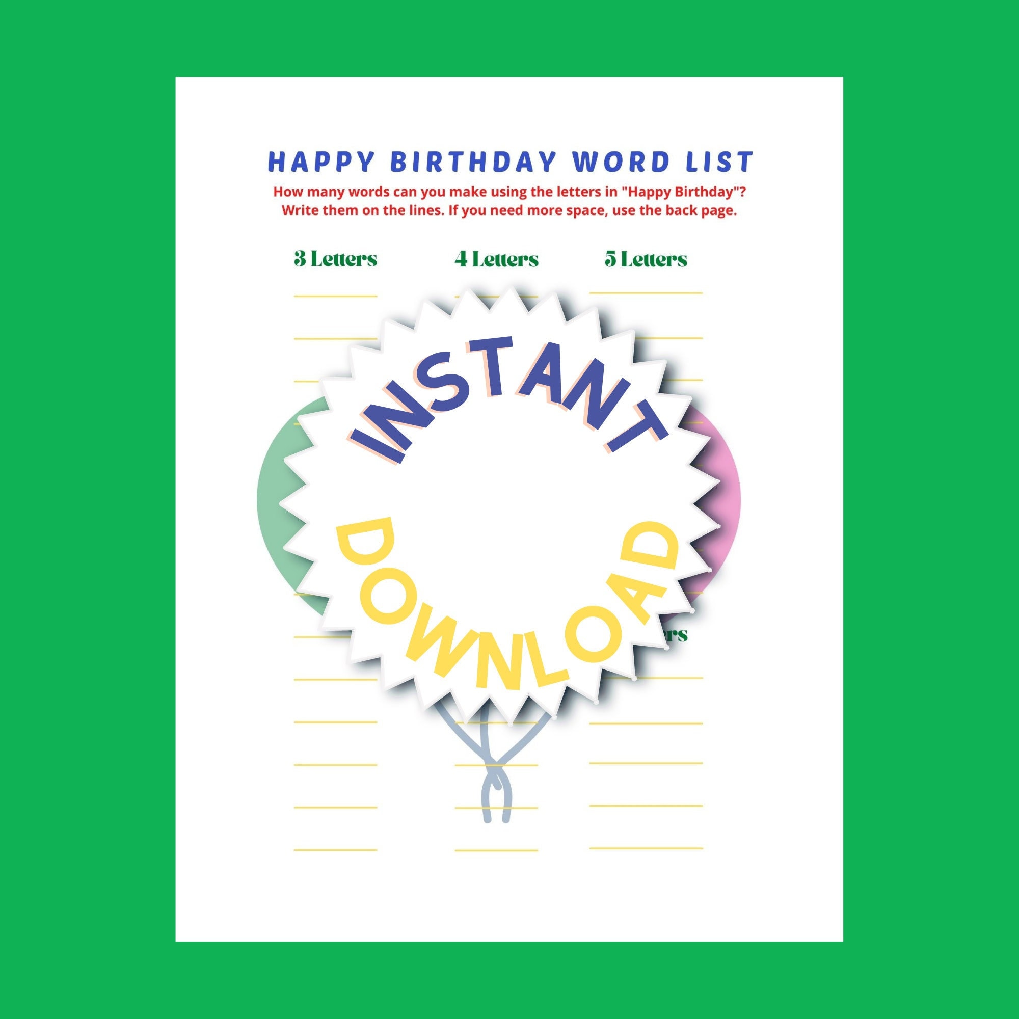 Happy Birthday Word List Printable, Instant Download Print at Home ...