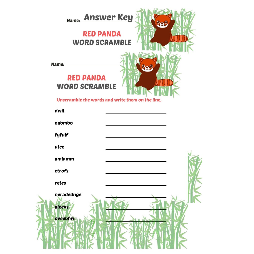Red Panda Printable Word Scramble and Answer Key, Instant Download ...