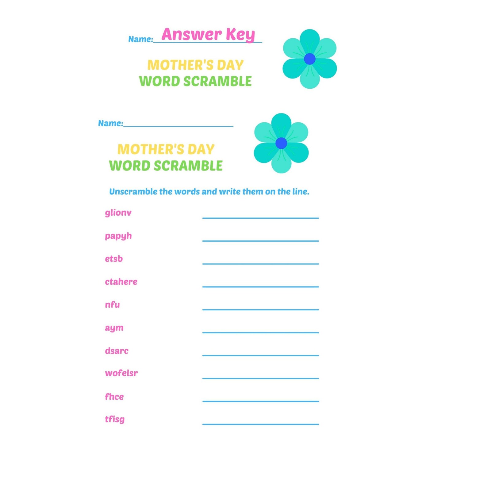 Mother's Day Printable Word Scramble and Answer Key, Instant Download ...
