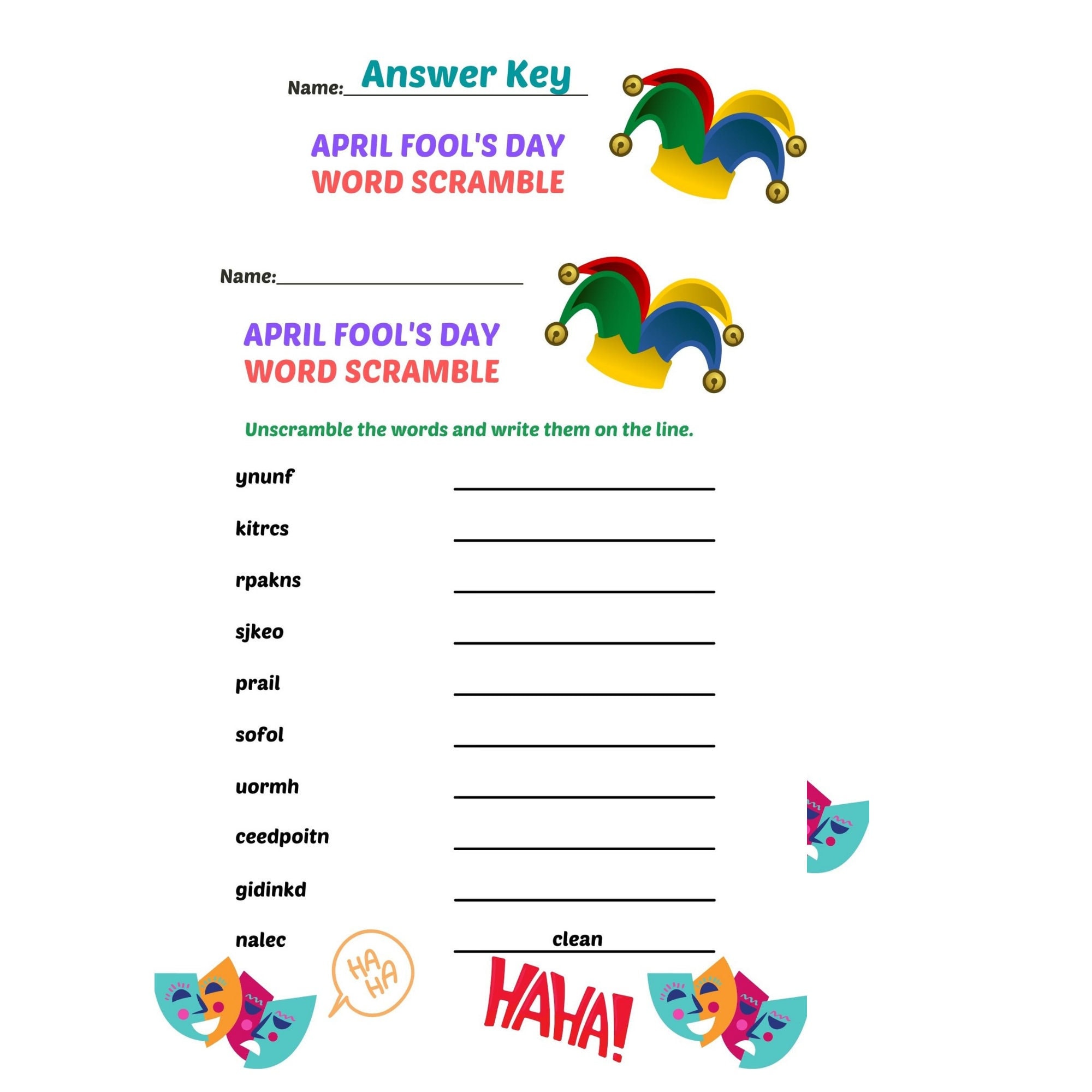 April Fool's Day Printable Word Scramble and Answer Key, Instant ...