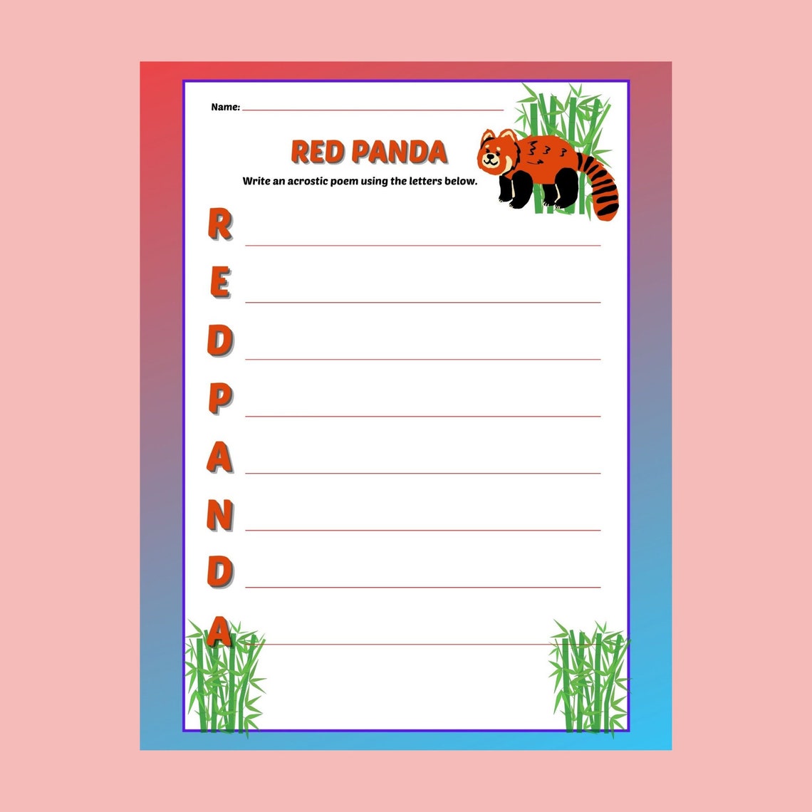 Buy Red Panda Printable Acrostic Poem, Instant Download Print at Home ...