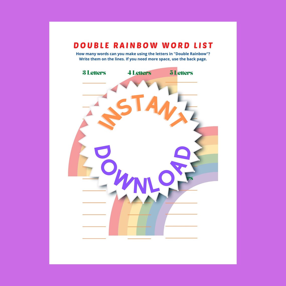 Rainbow Word List Printable, Instant Download Print at Home Digital ...