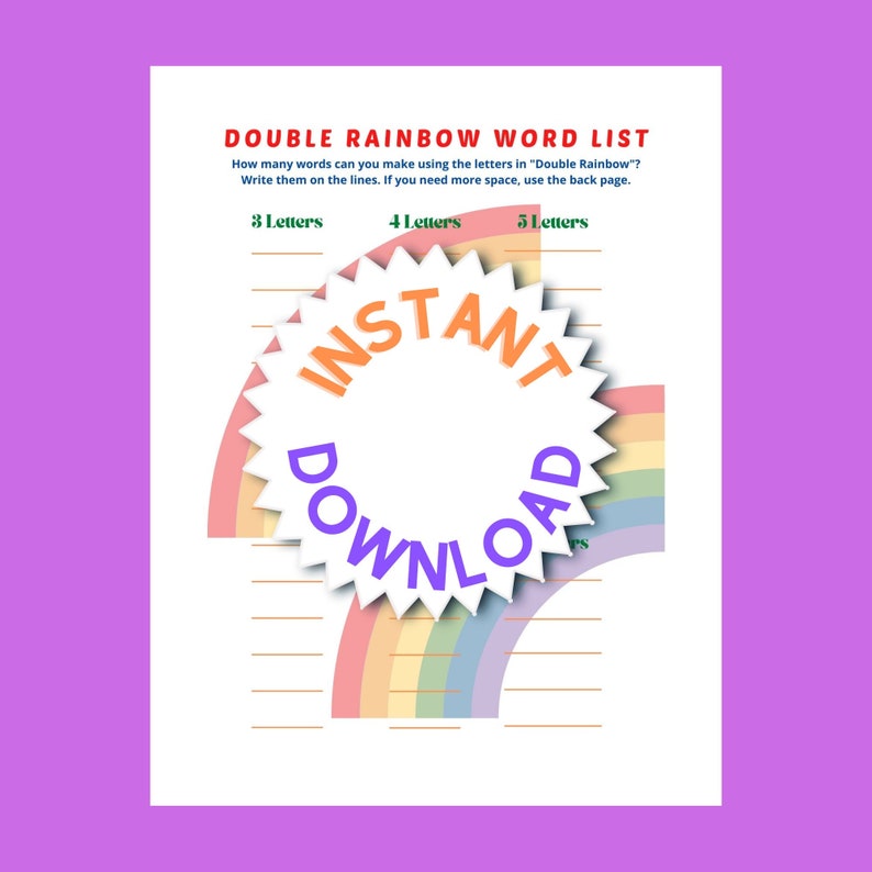 Rainbow Word List Printable, Instant Download Print at Home Digital ...