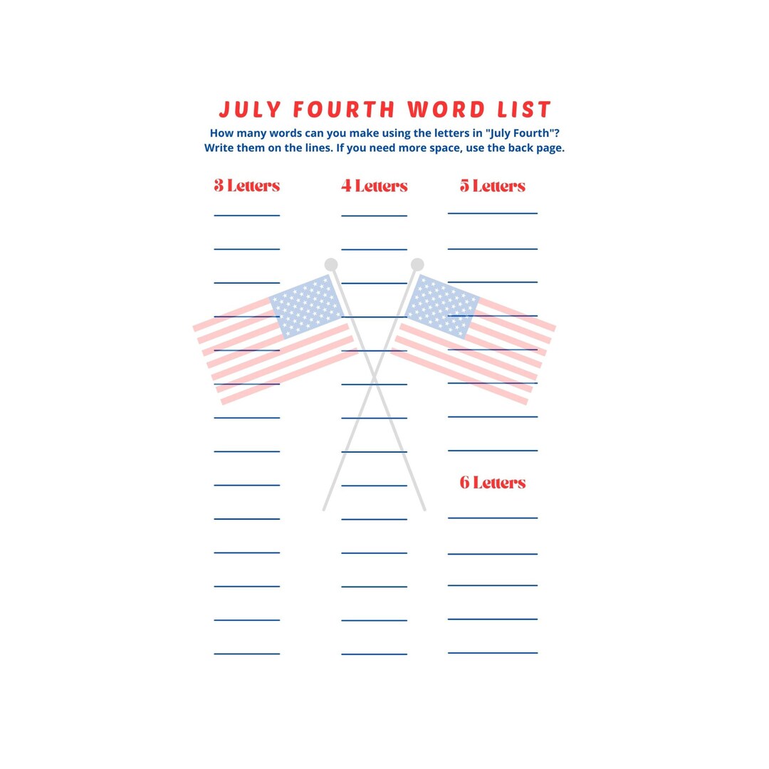 July Fourth Word List Printable Instant Download Print at - Etsy