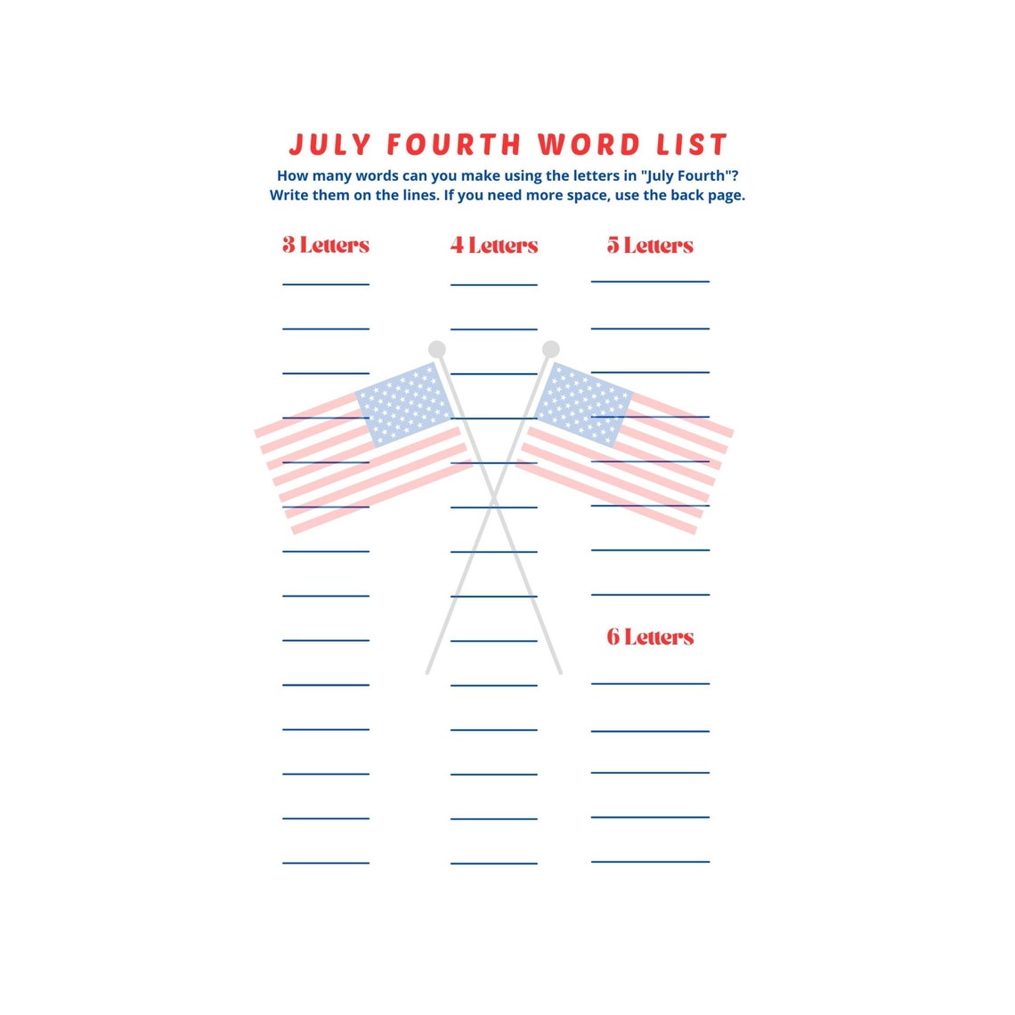 July Fourth Word List Printable, Instant Download Print at Home Digital ...