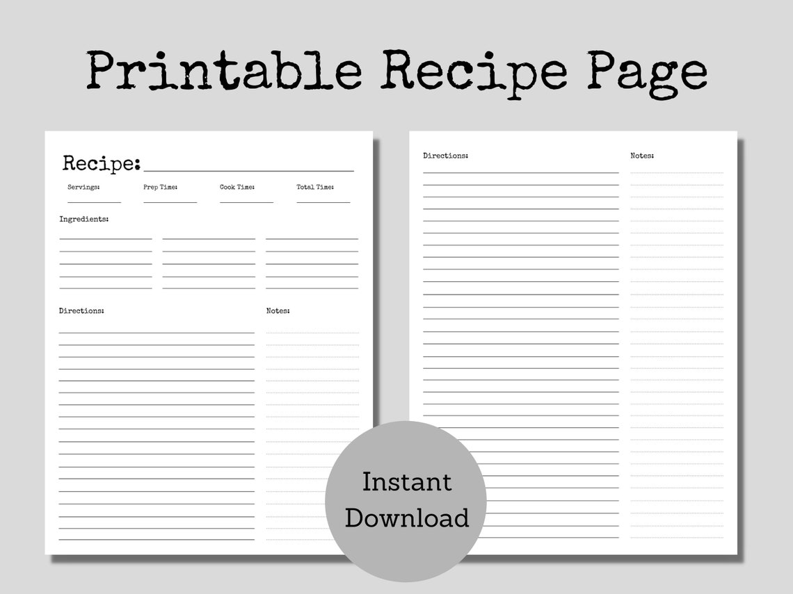 Blank Recipe Page / Recipe Card / Recipe Template / Typewriter Style - Etsy