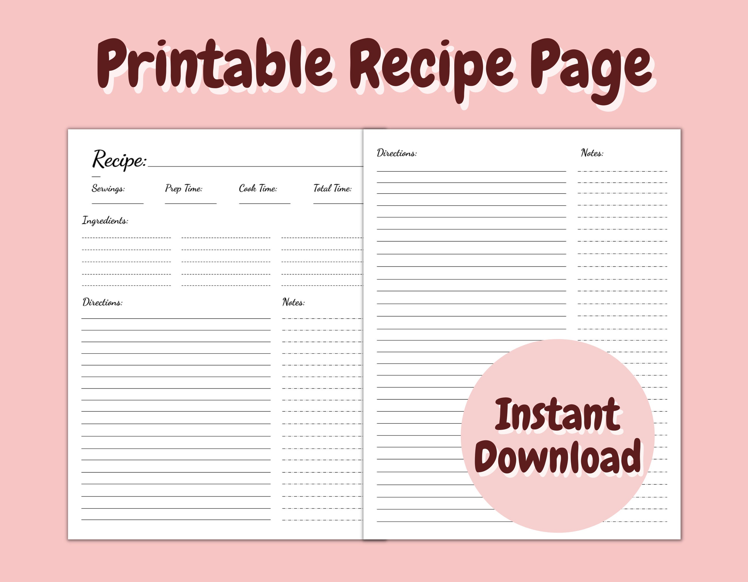 Blank Recipe Page / Recipe Card / Recipe Template / Printable Recipe ...