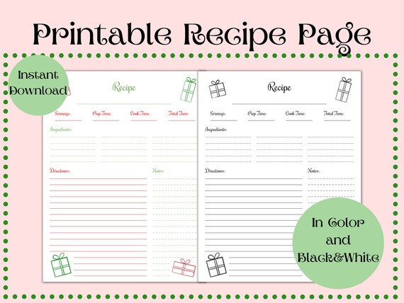 Christmas Recipe Page Printable Recipe Page Recipe Card - Etsy