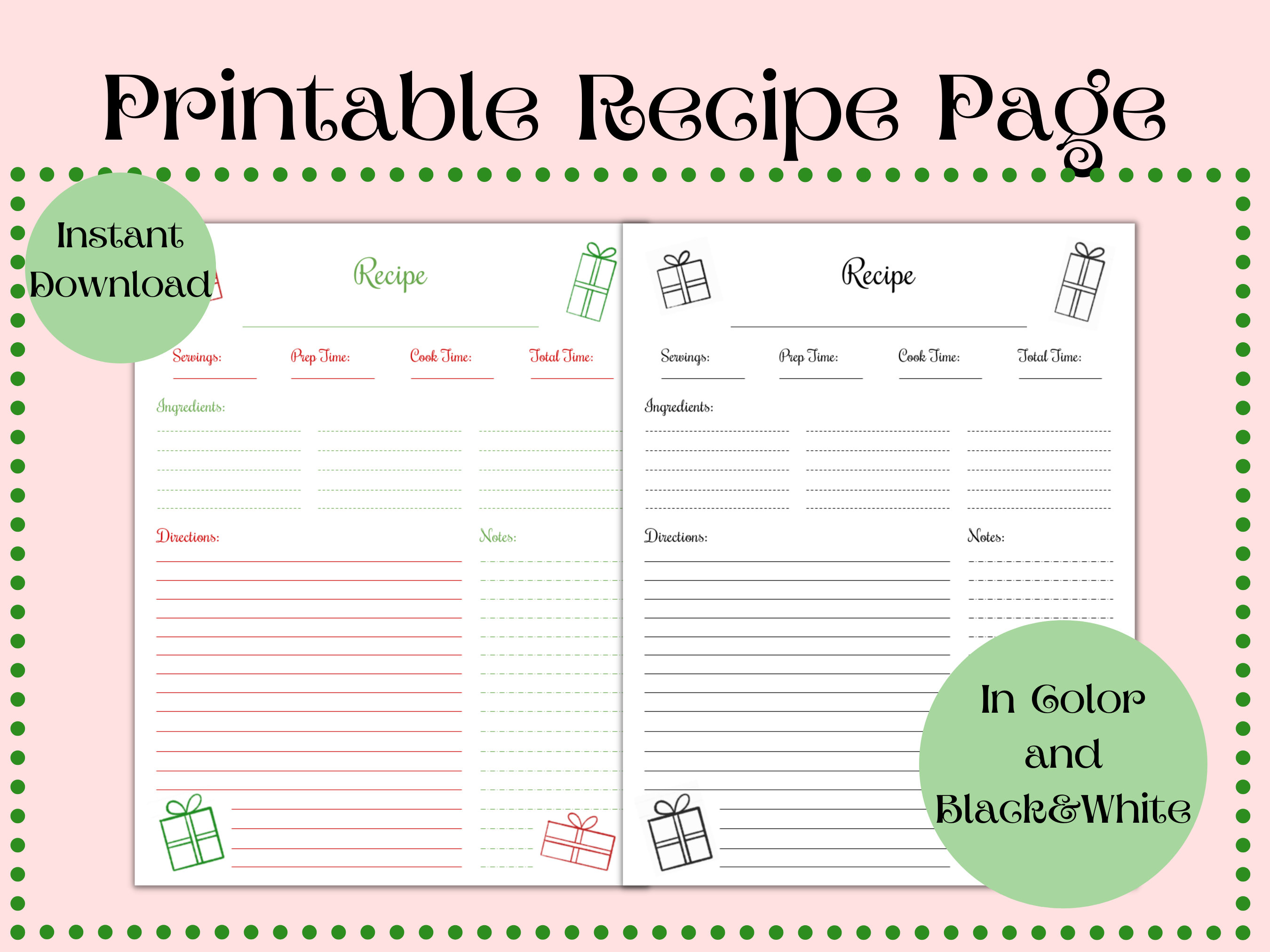 Christmas Recipe Page, Printable Recipe Page, Recipe Card Template ...