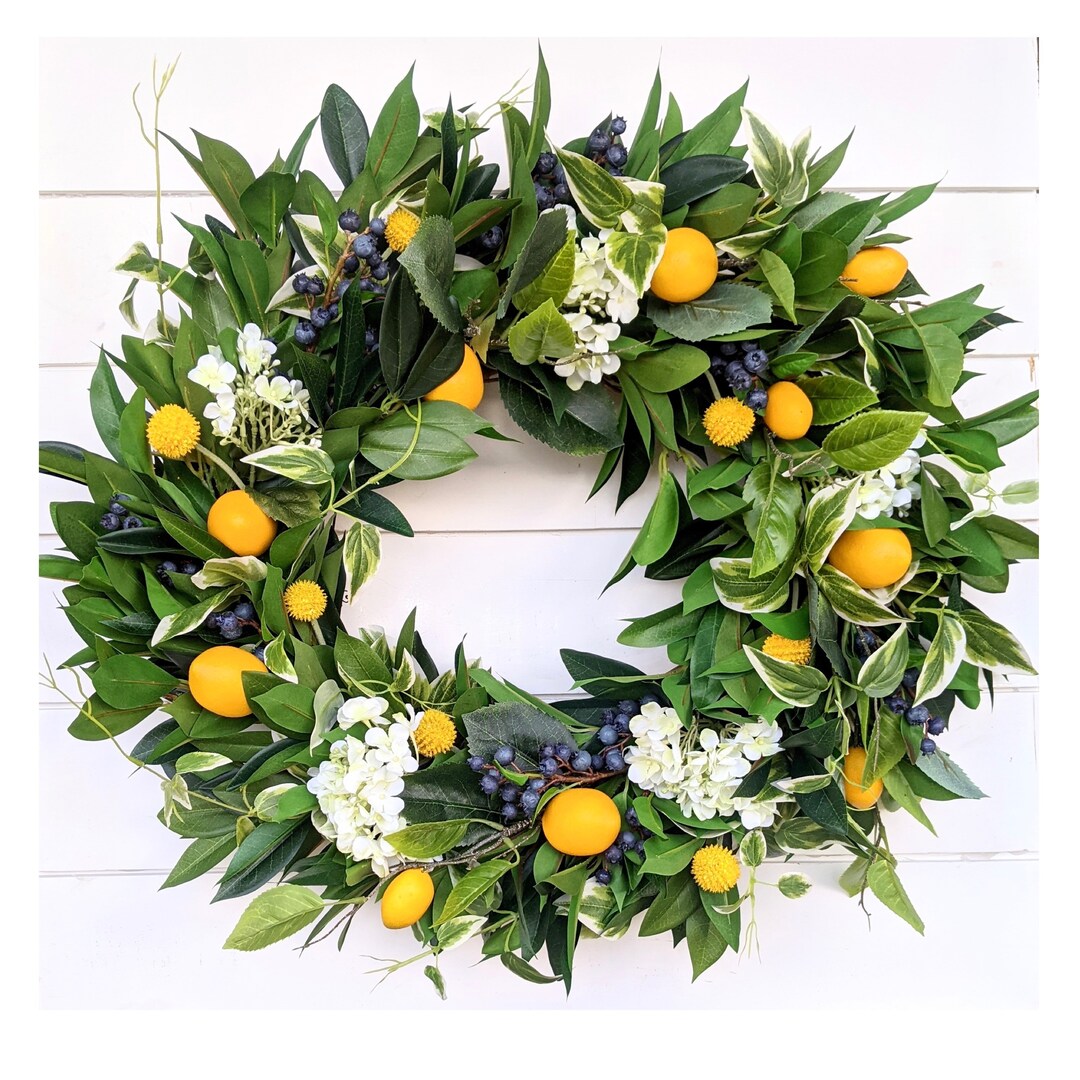 Lemon and Blueberry Wreath for Front Door, Summer Fruit Wreath, Summer ...
