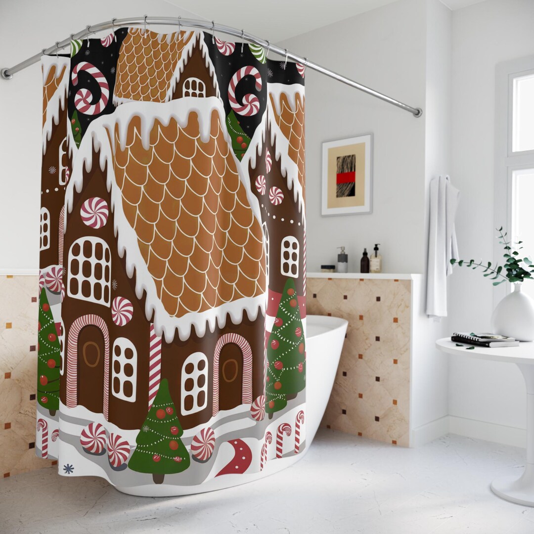 Gingerbread House Shower Curtains Festive Bathroom Decor Candy Cane ...