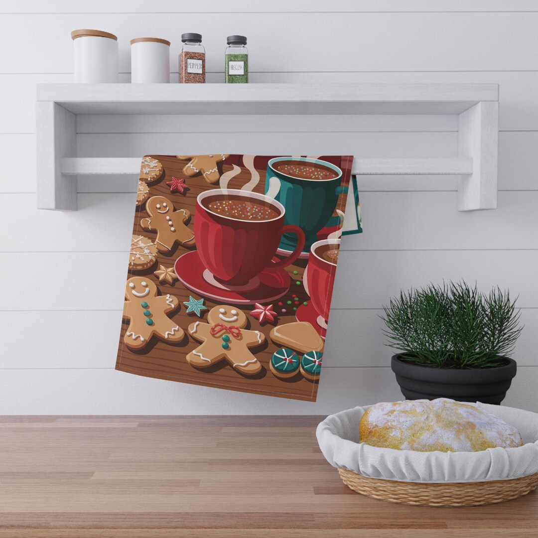 Kitchen Towels, Holiday Baking Pattern, Gingerbread Men, Cocoa, Festive ...
