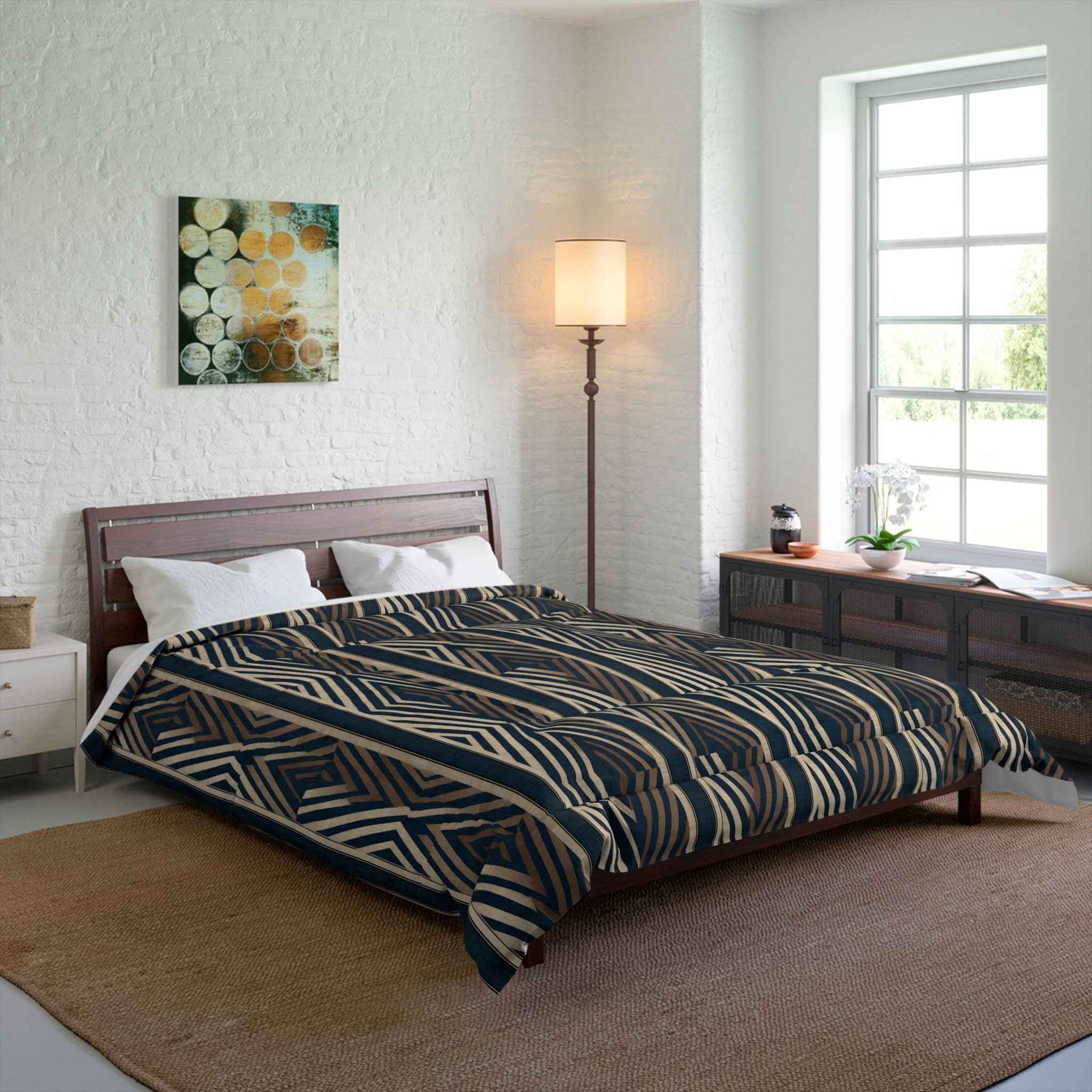Modern Diagonal Stripe Comforter: Blue & Tan Bedding - Etsy