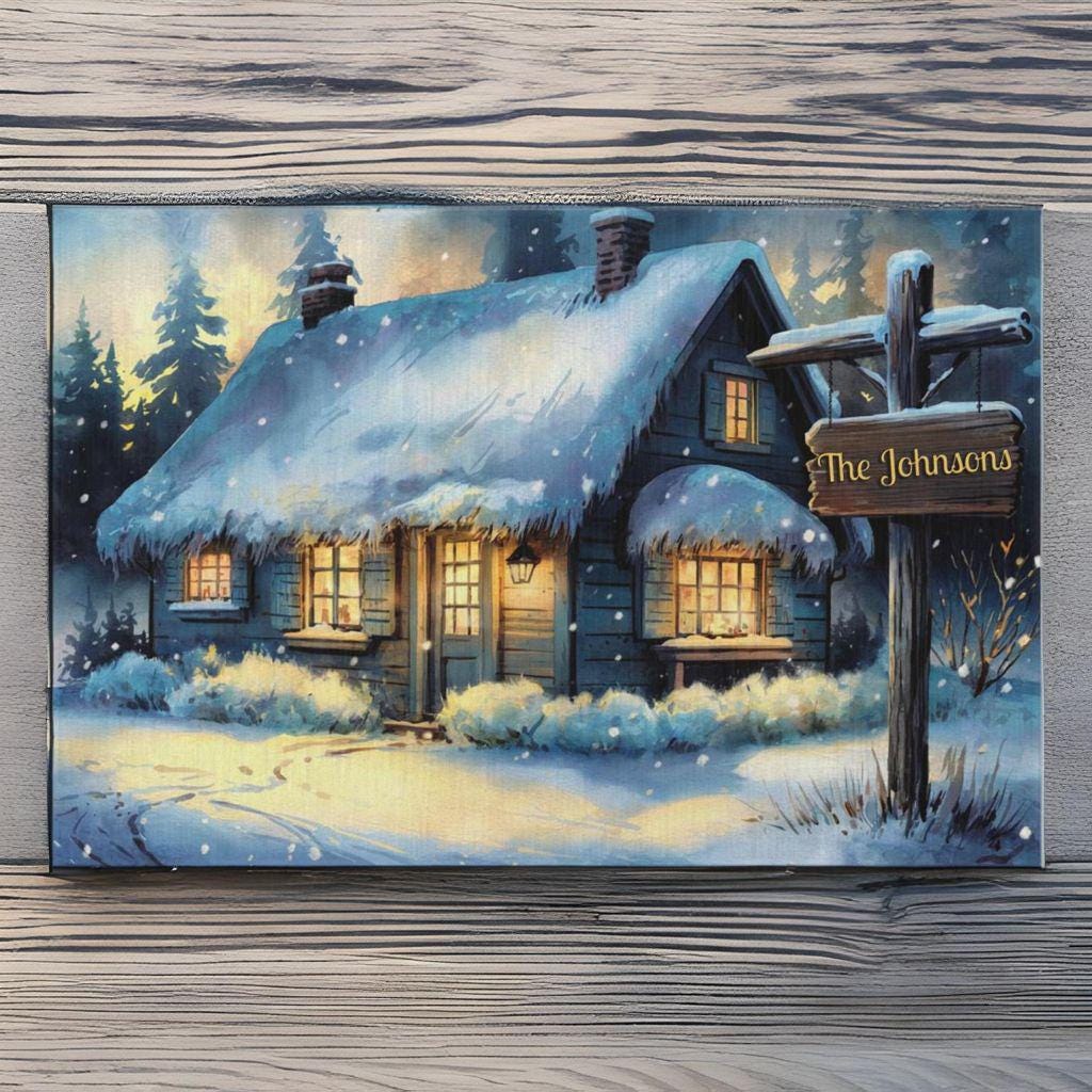 Personalized Outdoor Rug Cozy Cottage Scene With Last Name Snowy Trees ...