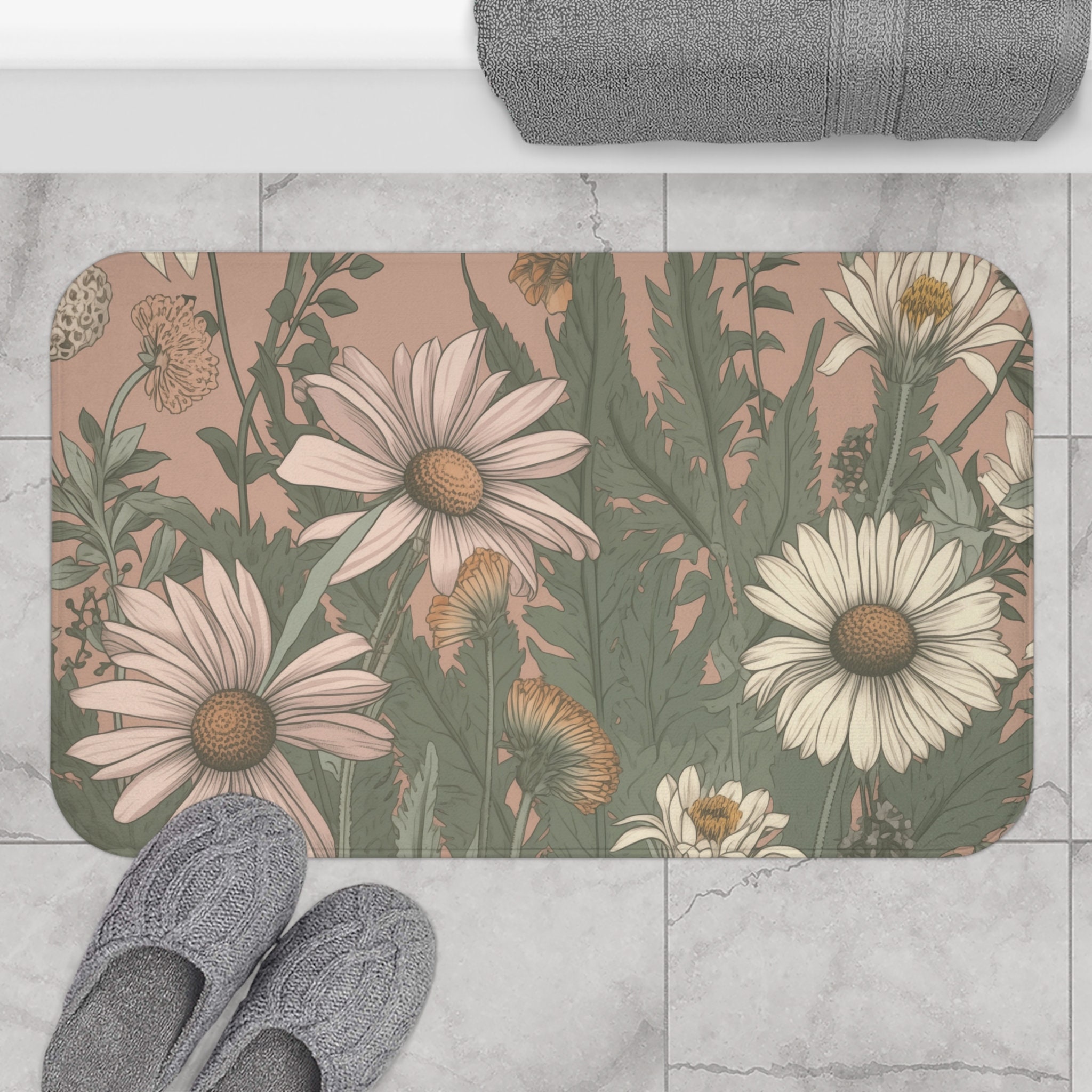 Daisy Wildflower Bath Mat Sage Green Blush Pink Vintage 70s Floral ...