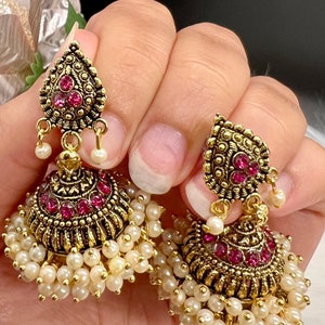 Beautiful Vibrant Colored Dangling Pearl Jhumkas. Pearl Oxidized ...