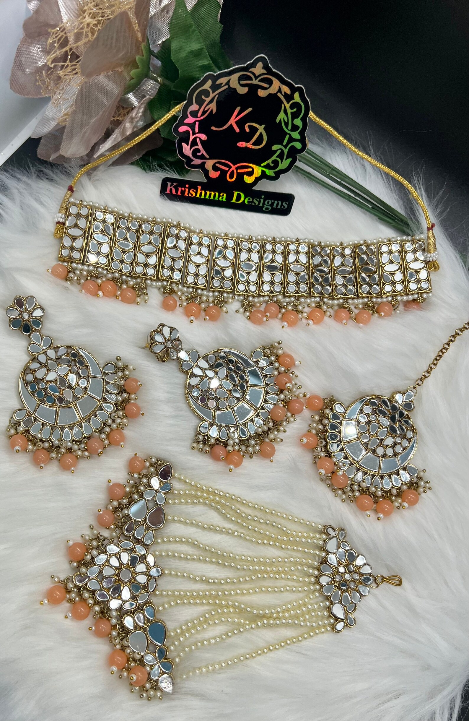 Bollywood Style Beautiful Mirror Work High Quality Choker Necklace Set ...
