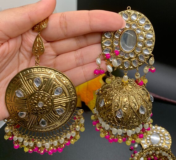KrishmaDesignsCrafts Indian Punjabi Vintage Pipal Patti Oversized Mang Tika with Jhumka Earrings Light Weight Party Jewelry Wedding Jewelry Jago Jewelry