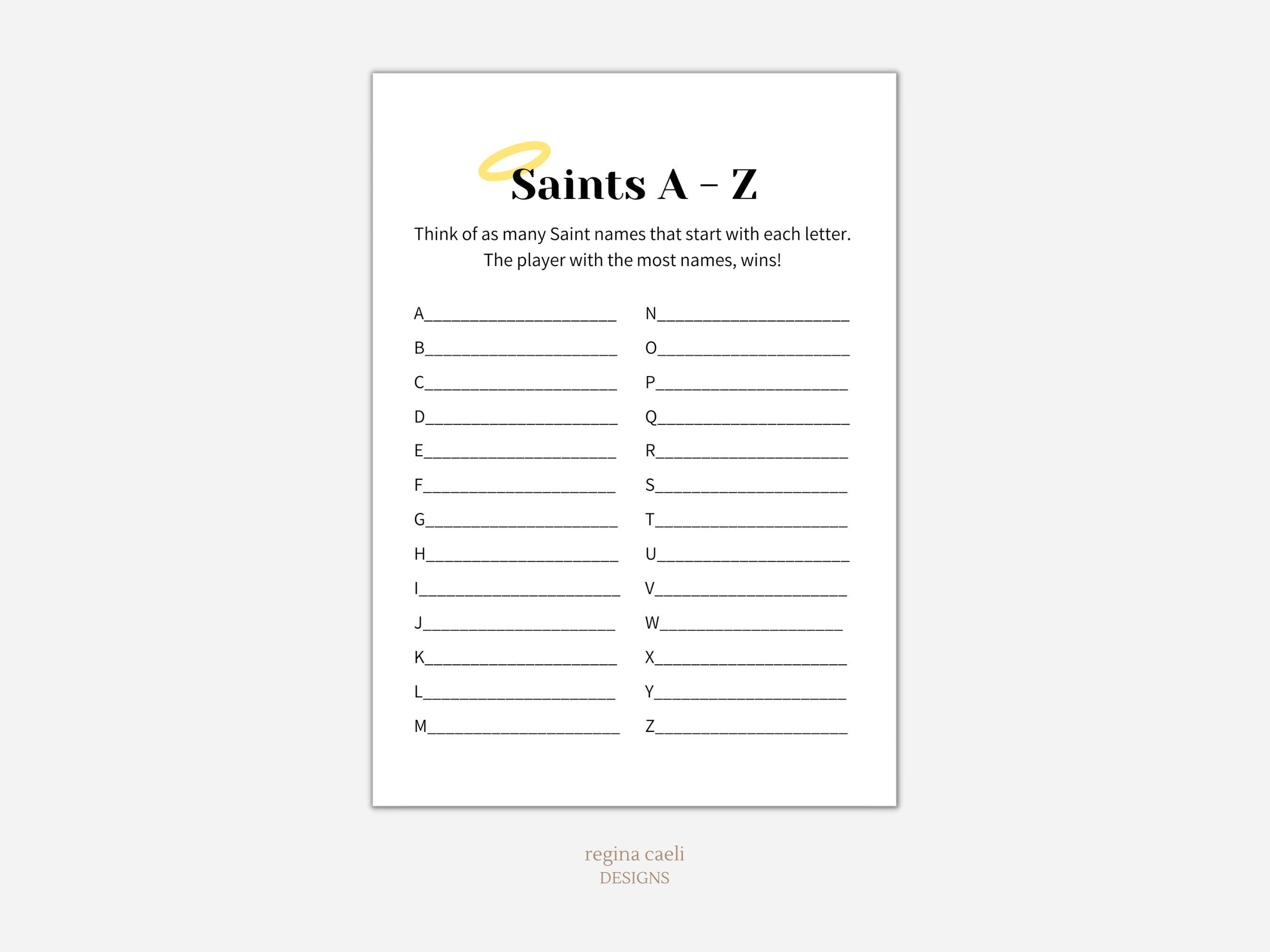 All Saints Day Game, Saints A-Z Printable Game, All Saints Day Game ...