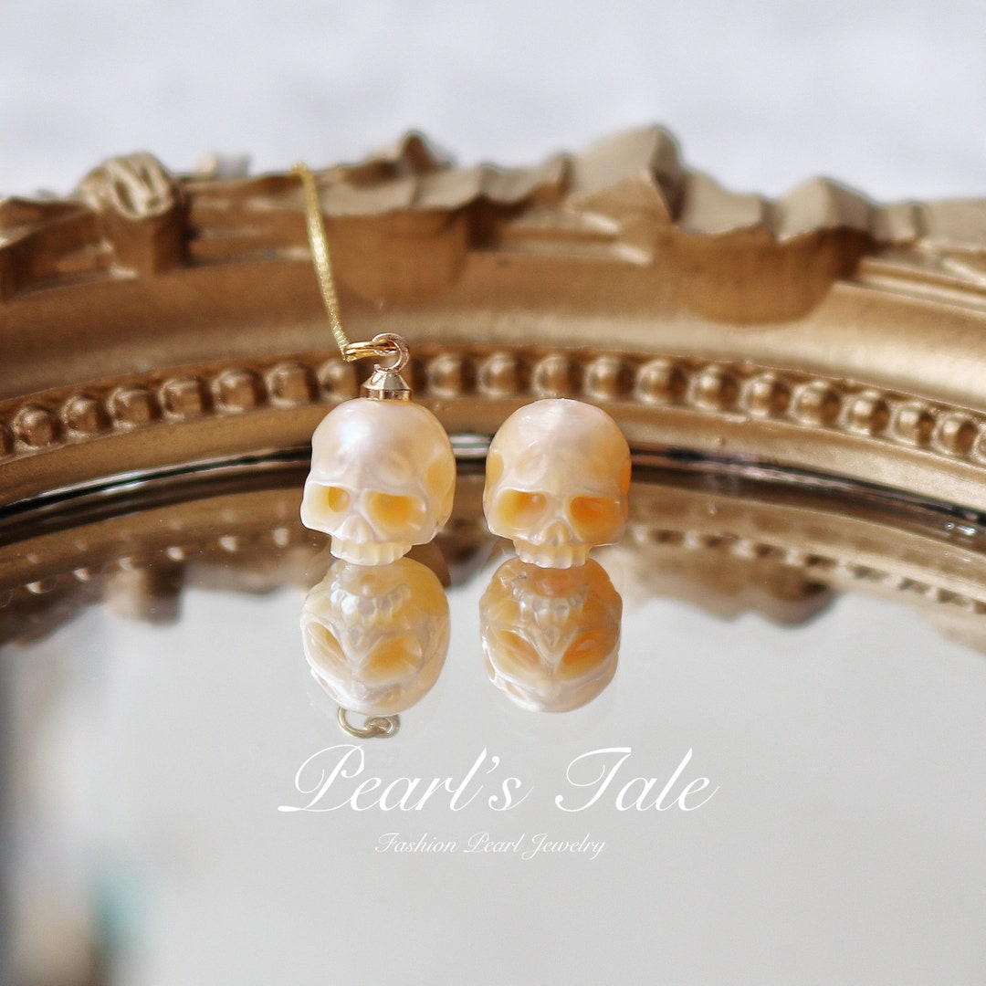 Natural Pink Pearl Skull Hoop Earrings• Hand-carved Crying Face Pearl ...