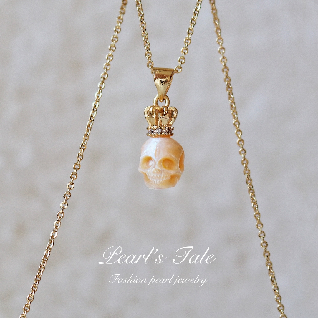 Natural Pink Pearl Skull Necklace• Hand-carved Pearl Skull•dainty Pearl ...