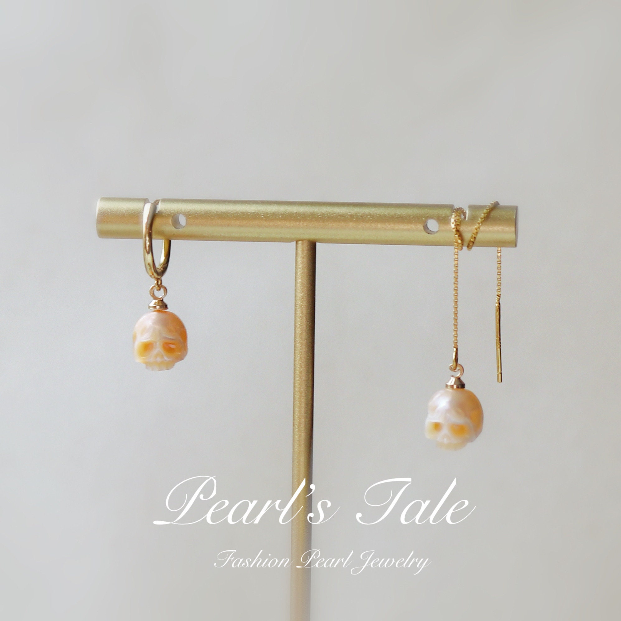 Natural Pink Pearl Skull Hoop Earrings• Hand-carved Crying Face Pearl ...