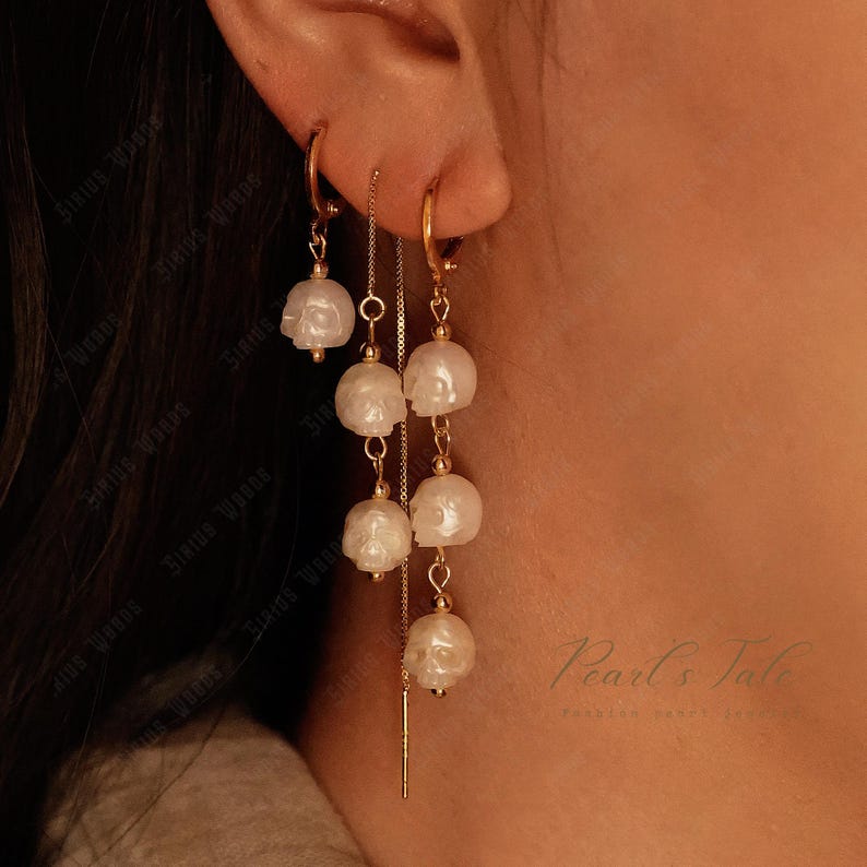 Hand-carved Crying Face Pearl Skull Earrings •925 Sterling Silver ...