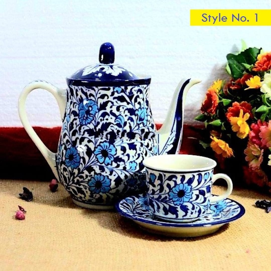 Handmade Tea Set Blue Pottery Handprinted Tea Set - Etsy