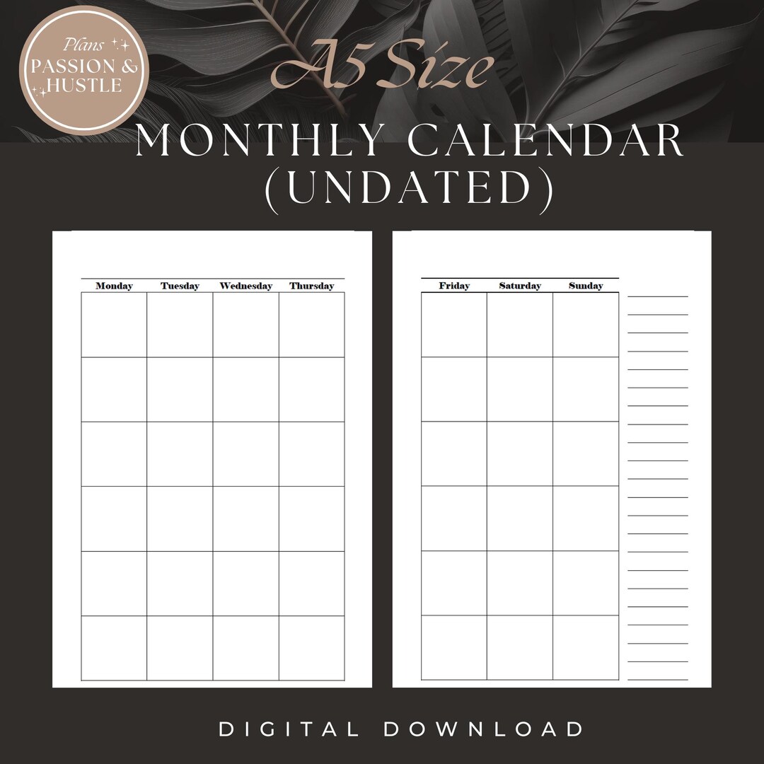 Undated Monthly Calendar- Sunday Start - Monday Start - A5 Size ...