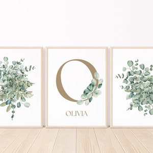 Set of 3 Custom Name Eucalyptus Prints, Personalised Initial Art Print ...