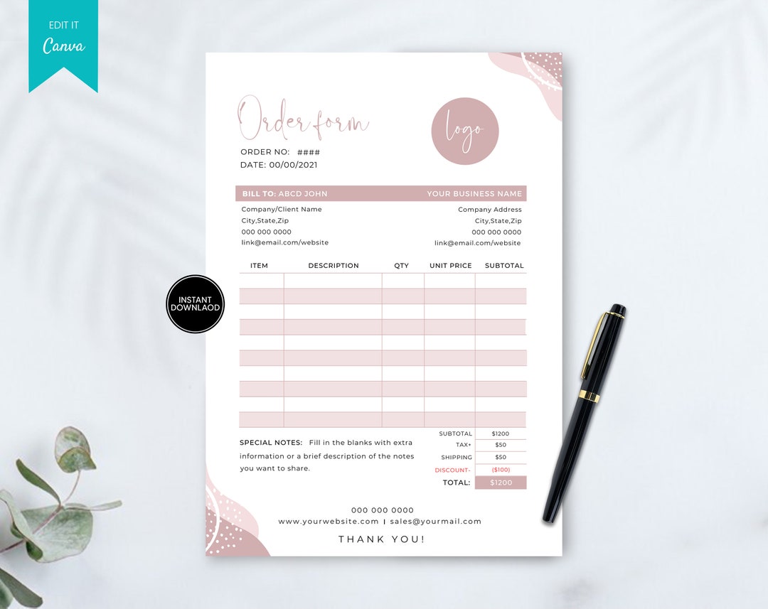 Editable Order Form Template, Custom Order Forms, Small Business Forms, Etsy Order Form, Modern ...