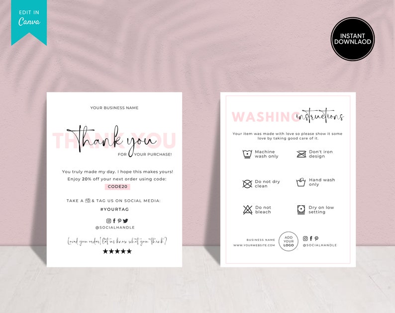 Editable Washing Instructions Card Template Printable - Etsy